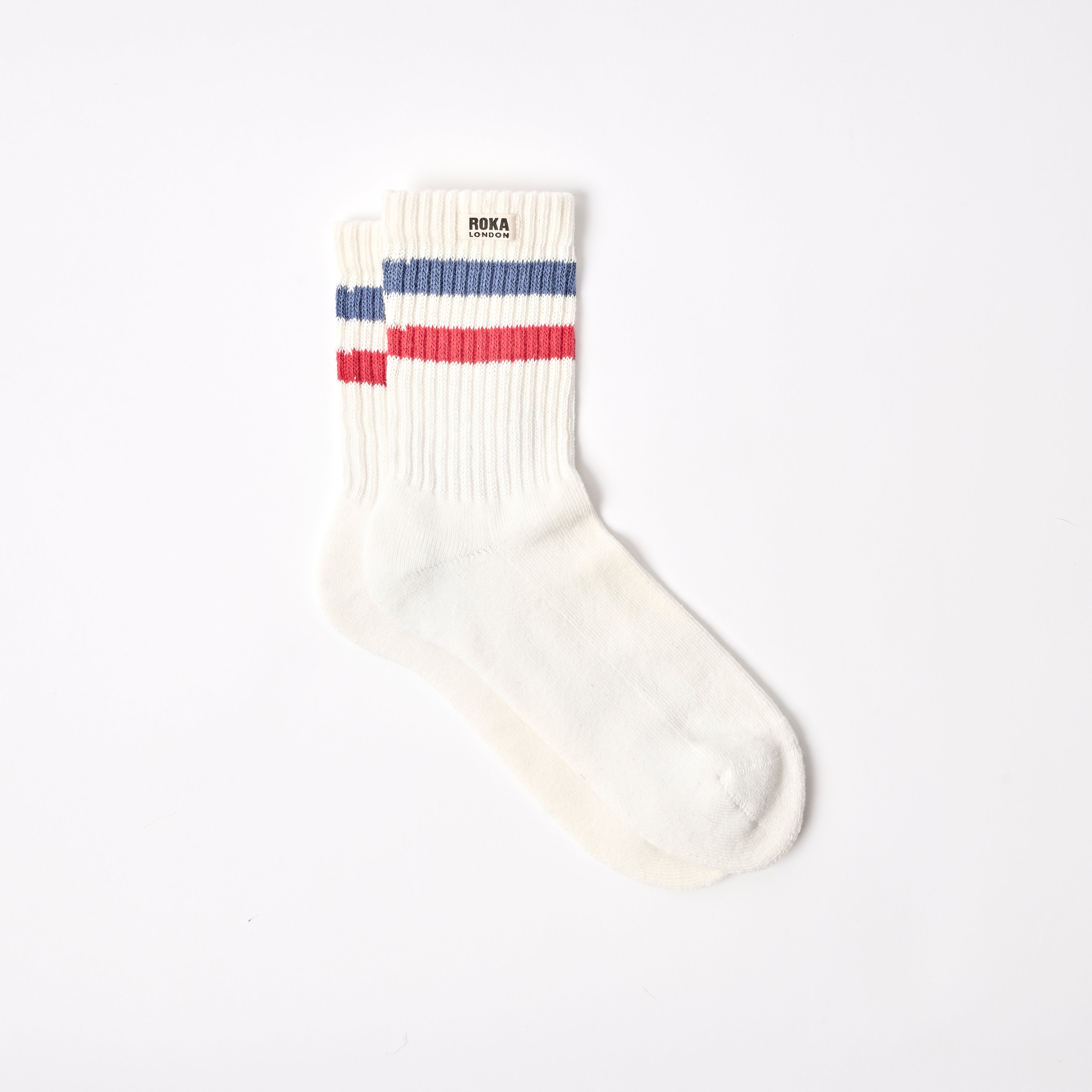 Windsor Stripe Crew Socks for Men in Coastal Blue / Scarlet – ROKA London